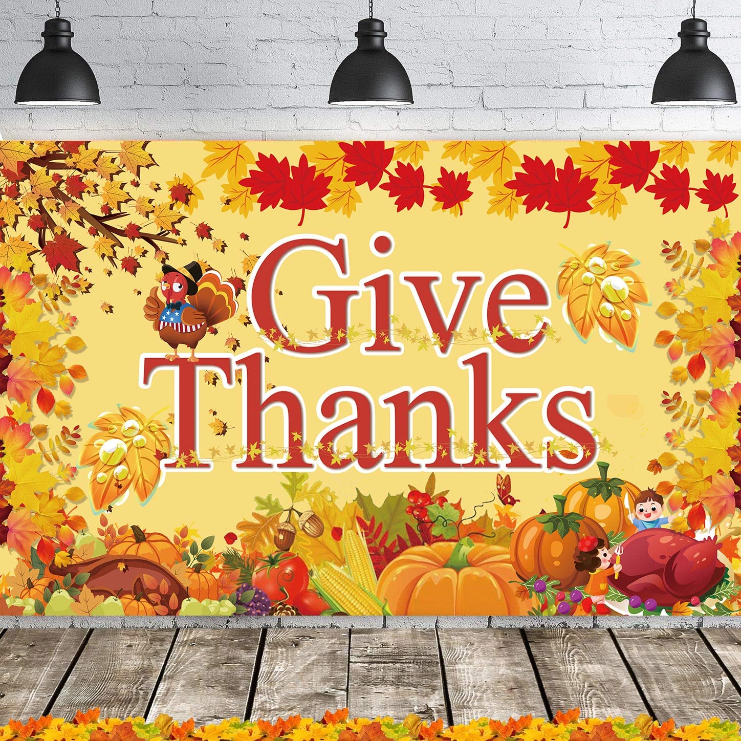 Fecedy Give Thanks Extra Large Fabric Sign Poster Banner Backdrop Pumpkin Maple Leaf Turkey Corn Fruit for Thanksgiving Day Party Decorations Welcome Autumn Hang Outdoor Indoor