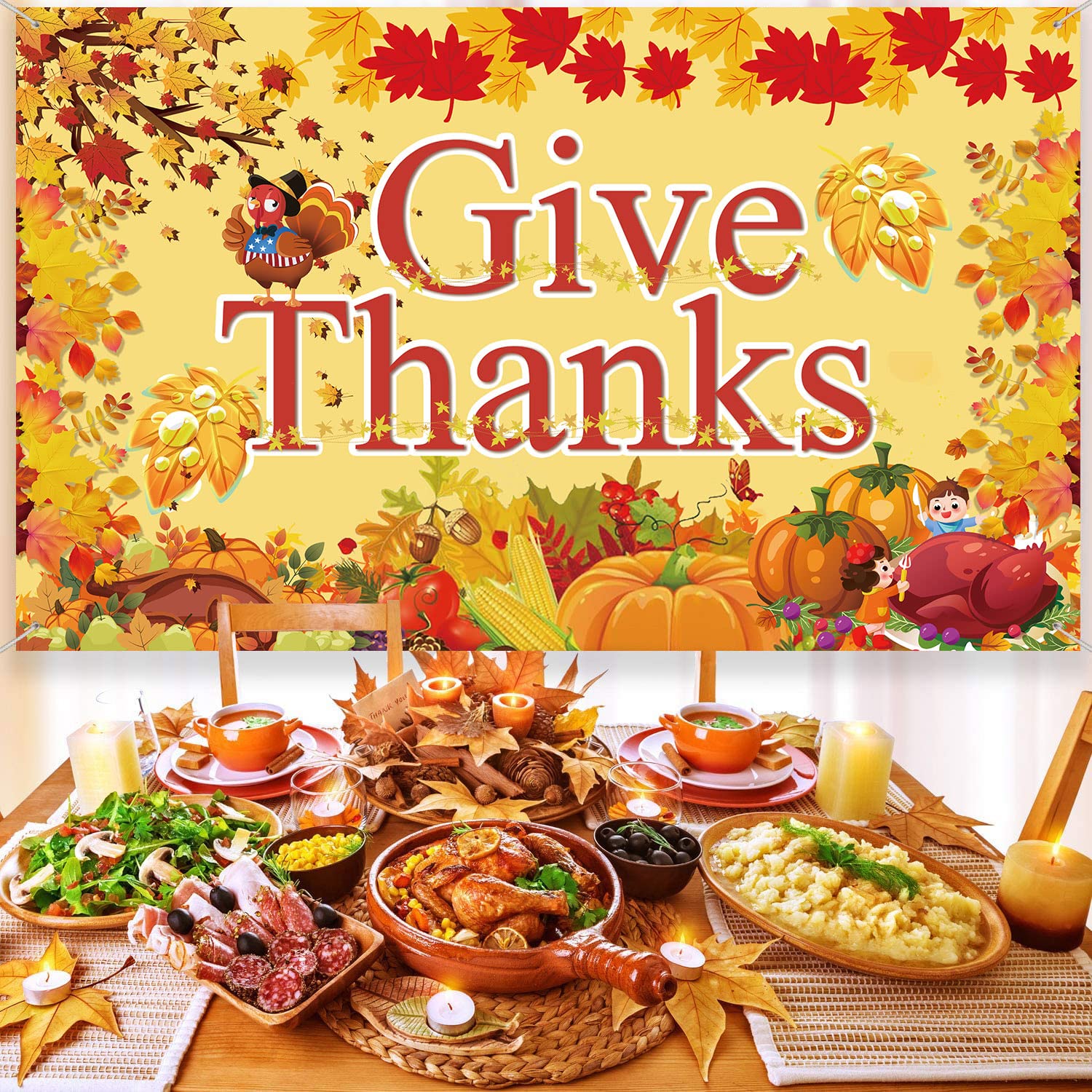 Fecedy Give Thanks Extra Large Fabric Sign Poster Banner Backdrop Pumpkin Maple Leaf Turkey Corn Fruit for Thanksgiving Day Party Decorations Welcome Autumn Hang Outdoor Indoor