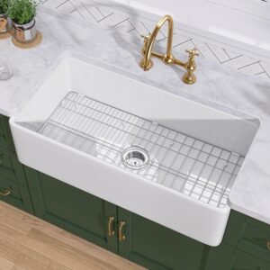 tuktuk white farmhouse sink 33 inch fireclay apron front single bowl kitchen sink deep drop in farm sink undermount with custom bottom grid & strainer drain