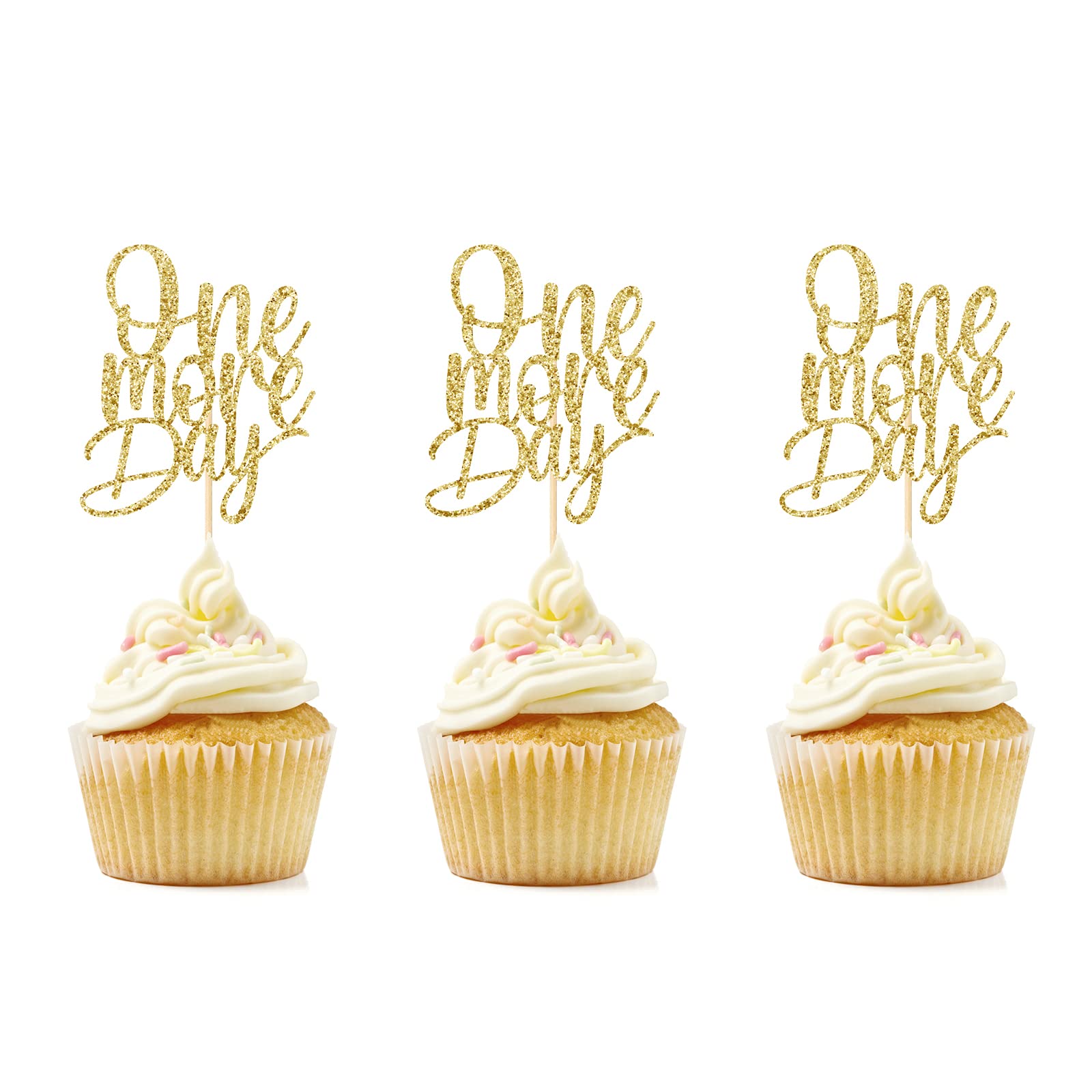 One More Day Cupcake Toppers, 12 pcs Wedding Rehearsal, Bachelorette Party Decorations Supplies, Wedding Countdown Dessert Sign, Rehearsal Brunch Dinner Decor, Pre-assembled, Double-sided Gold Glitter