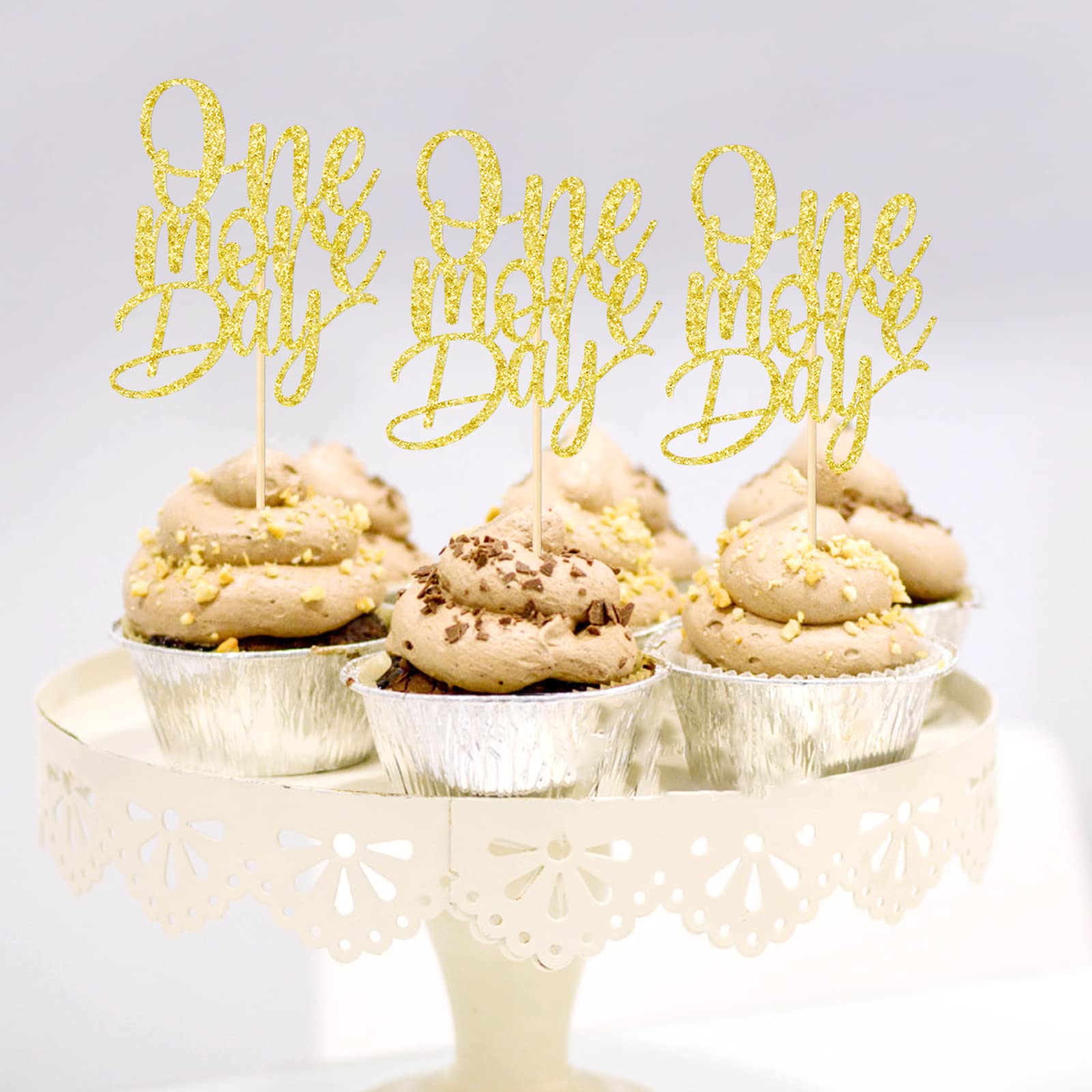 One More Day Cupcake Toppers, 12 pcs Wedding Rehearsal, Bachelorette Party Decorations Supplies, Wedding Countdown Dessert Sign, Rehearsal Brunch Dinner Decor, Pre-assembled, Double-sided Gold Glitter