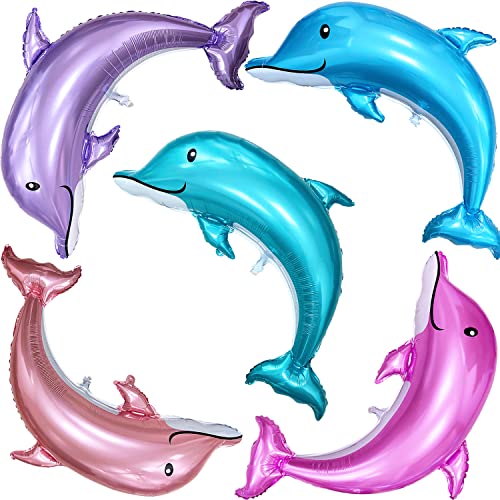 timecity Large Fish Dolphin Foil Balloons 5pcs Ocean Animals Balloons Fish Foil Mylar Balloons Sea Animal Balloons for Kids Birthday Mermaid Themed Party Decorations