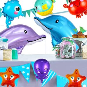 timecity Large Fish Dolphin Foil Balloons 5pcs Ocean Animals Balloons Fish Foil Mylar Balloons Sea Animal Balloons for Kids Birthday Mermaid Themed Party Decorations