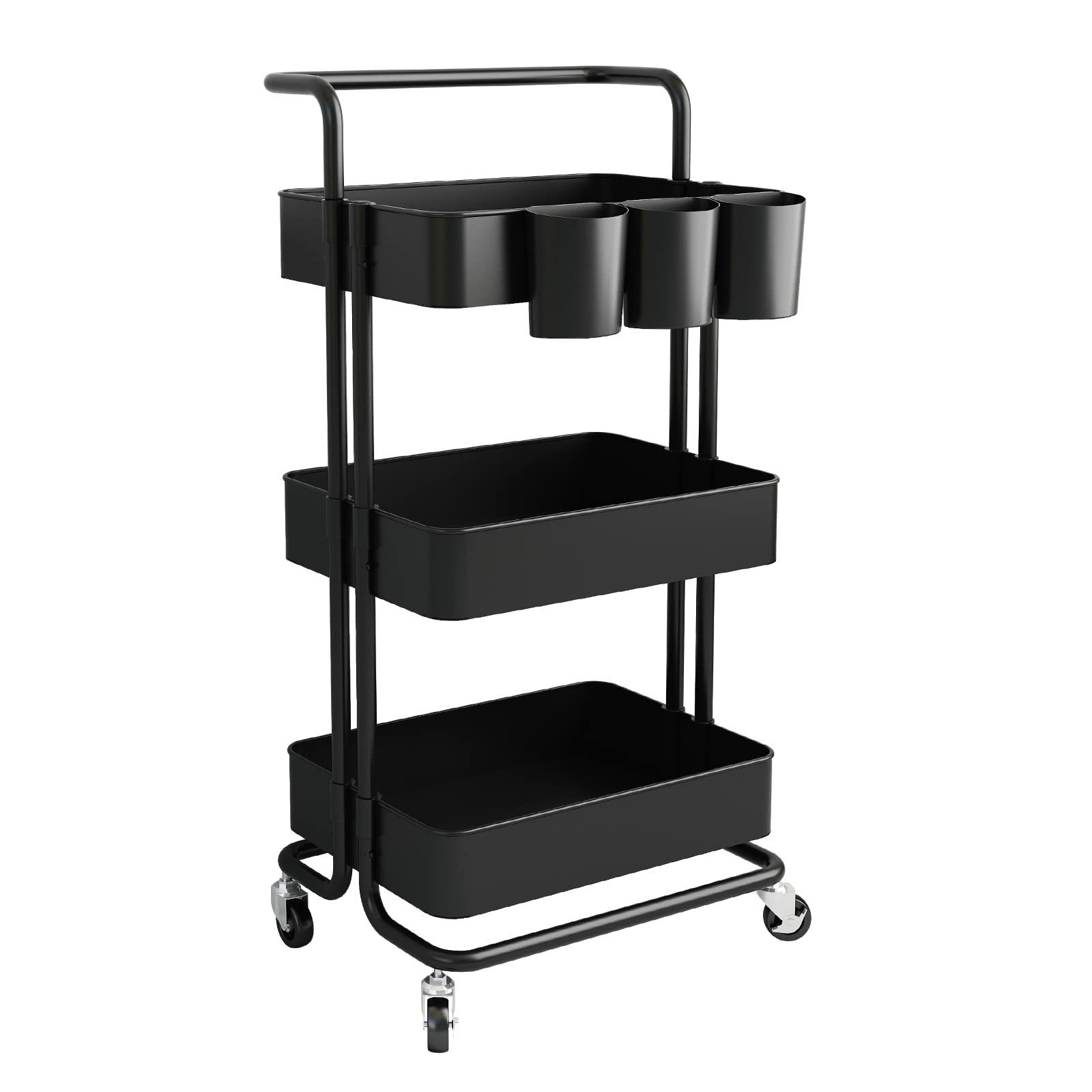 AIYAKA 3-Tier Rolling Utility Storage Cart, Multifunction Trolley Service Cart, with Mesh Basket Handles and Wheels, for Bathroom, Kitchen, Office, Black