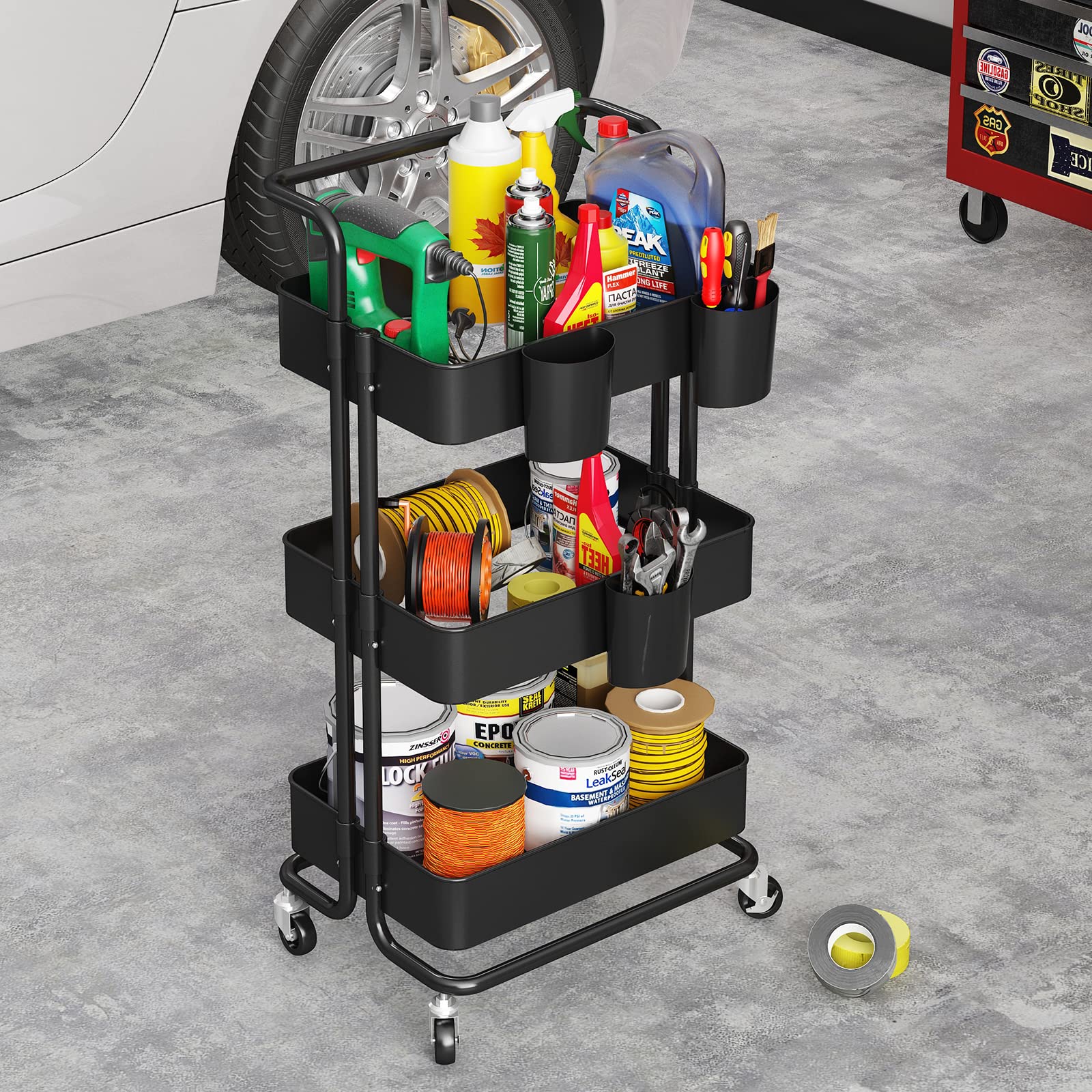 AIYAKA 3-Tier Rolling Utility Storage Cart, Multifunction Trolley Service Cart, with Mesh Basket Handles and Wheels, for Bathroom, Kitchen, Office, Black