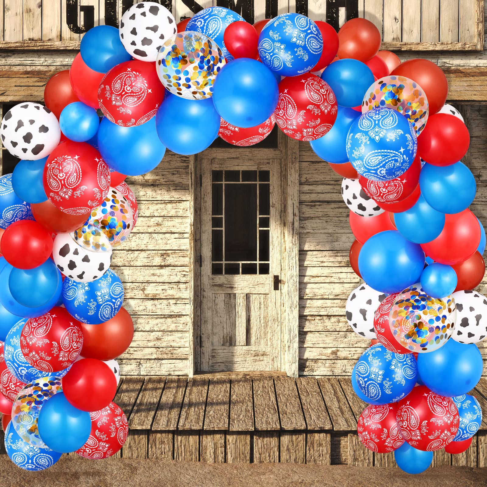 130 Pieces Western Cow Boy Balloon Arch Garland Blue Red Cowboy Bandana Latex Balloons Western Theme Supplies for Party Boys and Girls Baby Shower Cowboy Birthday Party Decorations