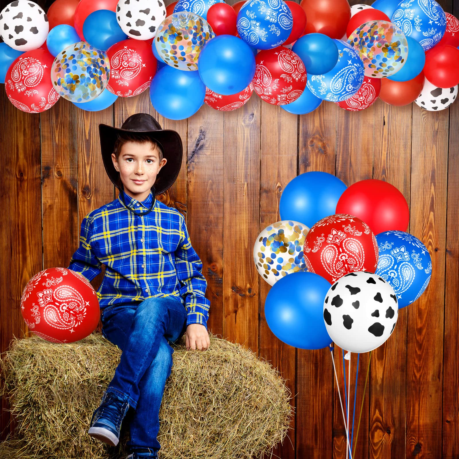 130 Pieces Western Cow Boy Balloon Arch Garland Blue Red Cowboy Bandana Latex Balloons Western Theme Supplies for Party Boys and Girls Baby Shower Cowboy Birthday Party Decorations