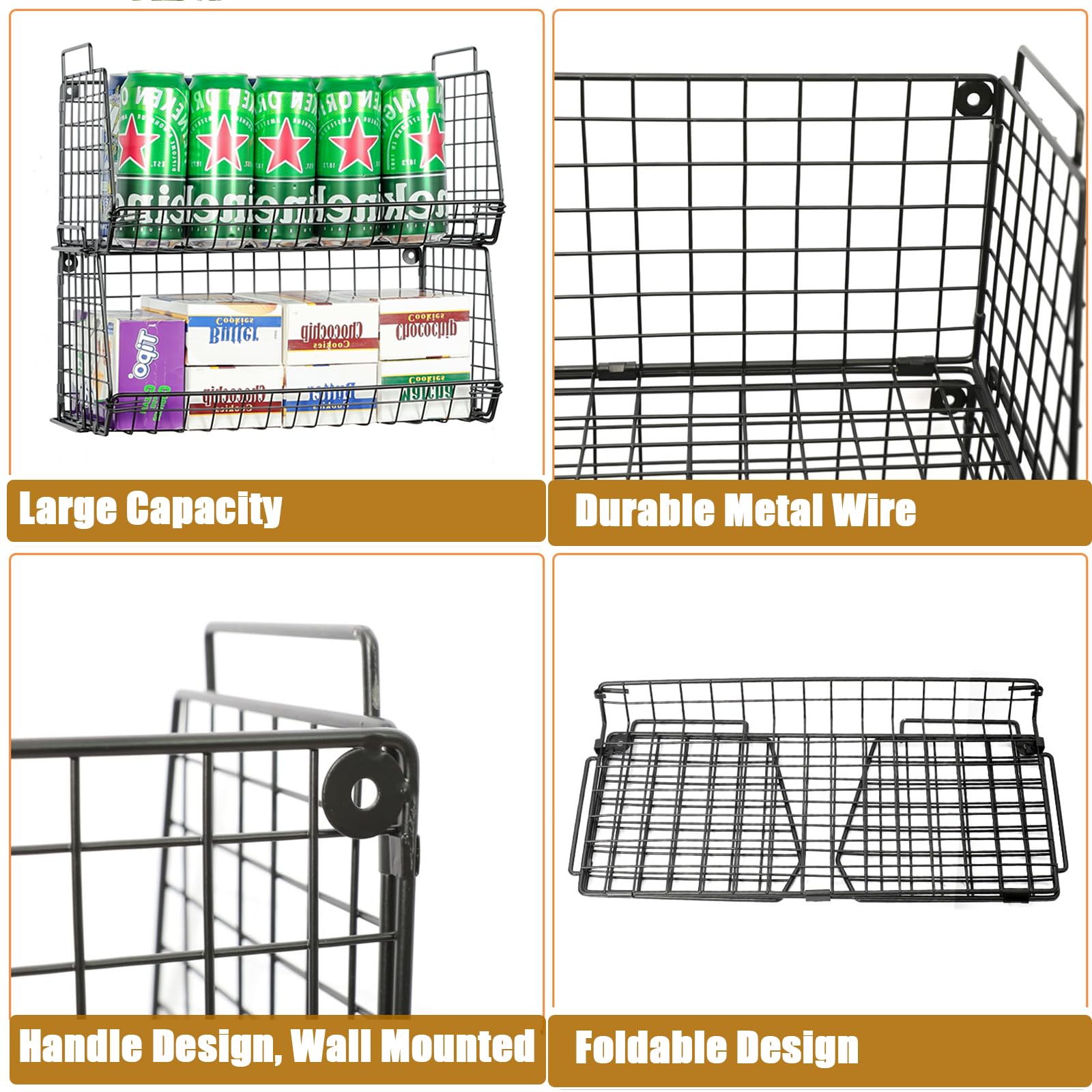 4 Pack Extra Large Stackable Wire Baskets, Pantry Organization and Storage,Wire Baskets for Organizing,Countertop Snack Chips Can Organizer,Household Storage Bins for Cabinet, Kitchen, Closet