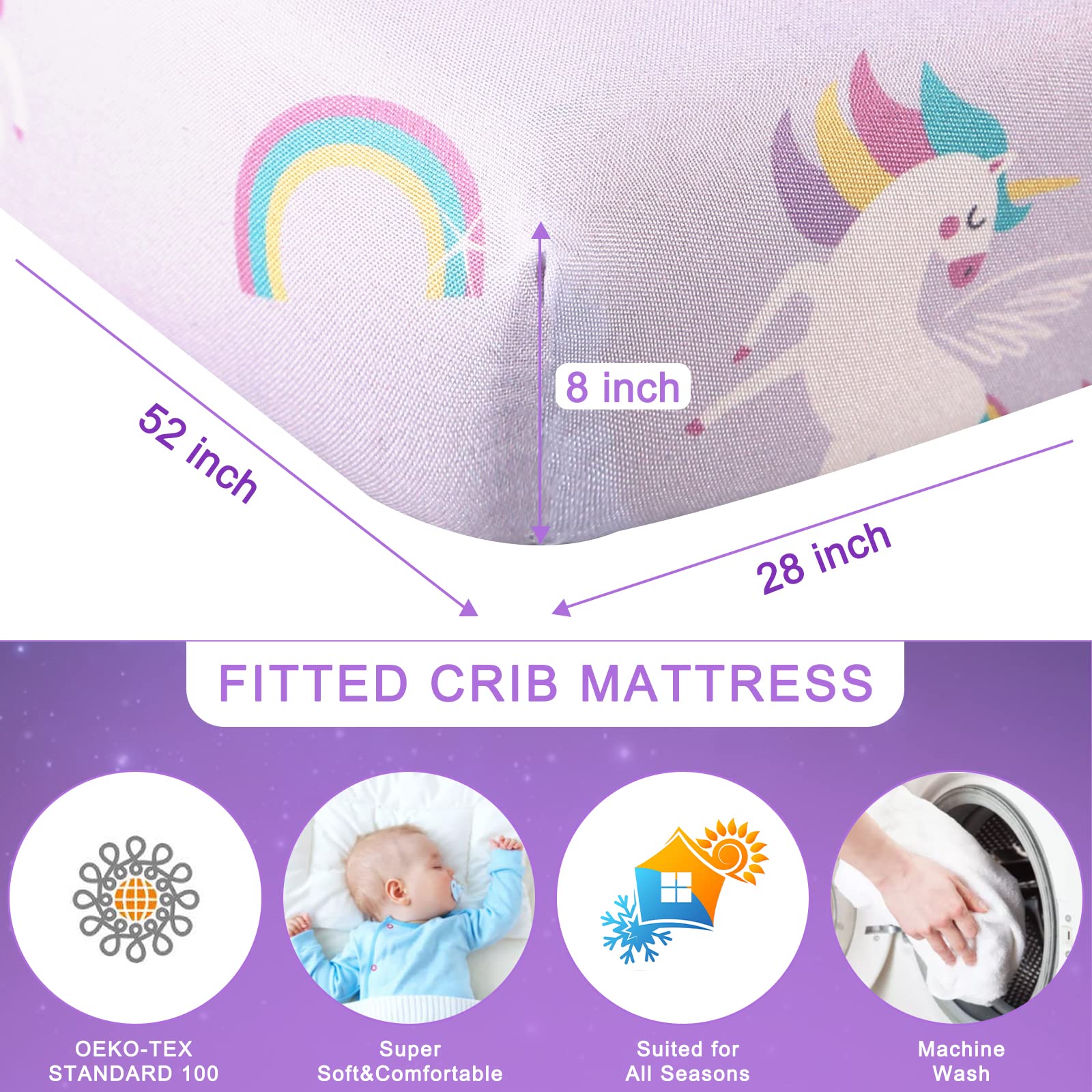 Wowelife Unicorn Crib Bedding Set Purple, Premium 3-Piece Baby Bedding Set Unicorn, Baby Girl Nursery Crib Set, Breathable and Soft for Boy and Girl