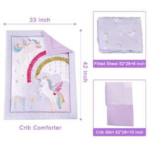 Wowelife Unicorn Crib Bedding Set Purple, Premium 3-Piece Baby Bedding Set Unicorn, Baby Girl Nursery Crib Set, Breathable and Soft for Boy and Girl