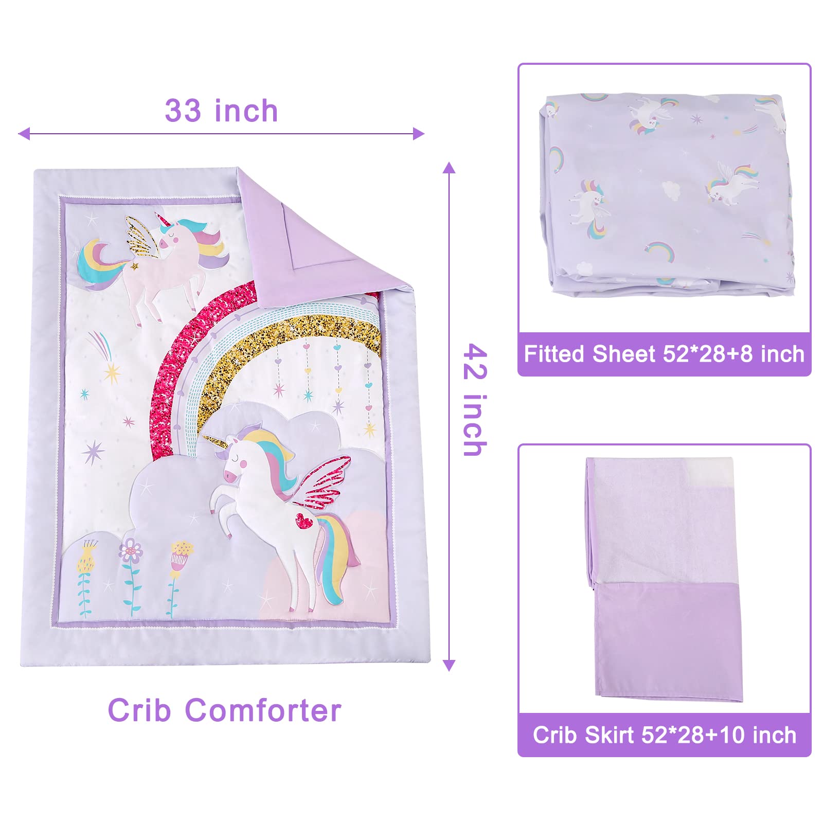 Wowelife Unicorn Crib Bedding Set Purple, Premium 3-Piece Baby Bedding Set Unicorn, Baby Girl Nursery Crib Set, Breathable and Soft for Boy and Girl