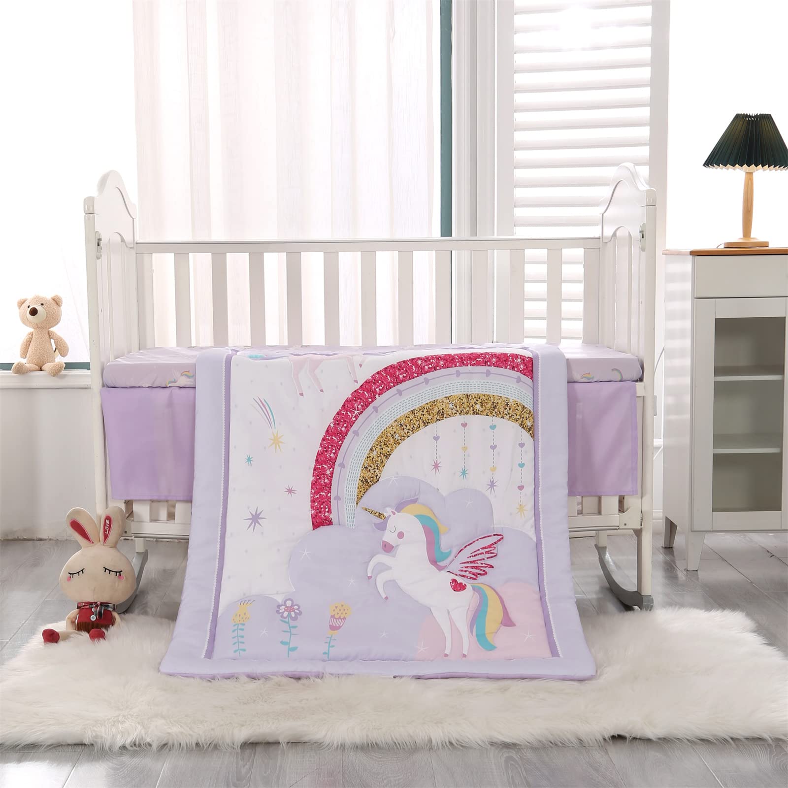 Wowelife Unicorn Crib Bedding Set Purple, Premium 3-Piece Baby Bedding Set Unicorn, Baby Girl Nursery Crib Set, Breathable and Soft for Boy and Girl