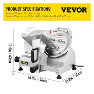 VEVOR Commercial Meat Slicer, 200W Electric Deli Food Slicer, 1200RPM Meat Slicer with 8“ Chromium-plated Steel Blade, 0-12mm Adjustable Thickness for Home & Commercial Use (8IN-200W)