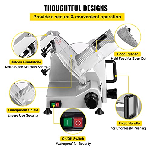 VEVOR Commercial Meat Slicer, 200W Electric Deli Food Slicer, 1200RPM Meat Slicer with 8“ Chromium-plated Steel Blade, 0-12mm Adjustable Thickness for Home & Commercial Use (8IN-200W)