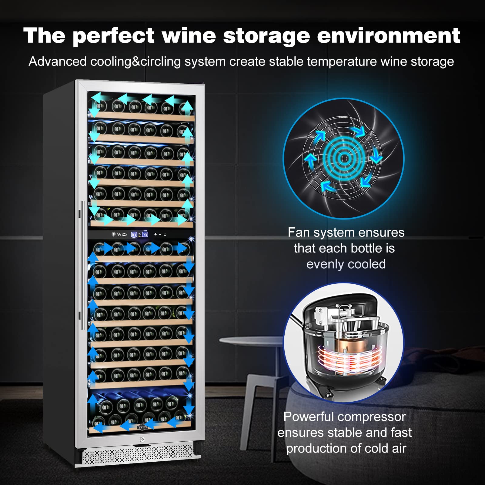 Tylza 24 Inch Wine Fridge Dual Zone, 154 Bottle Wine Cooler Refrigerator With Stainless Steel and Professional Compressor, Fast Cooling Low Noise and No Fog Built-in or Freestanding