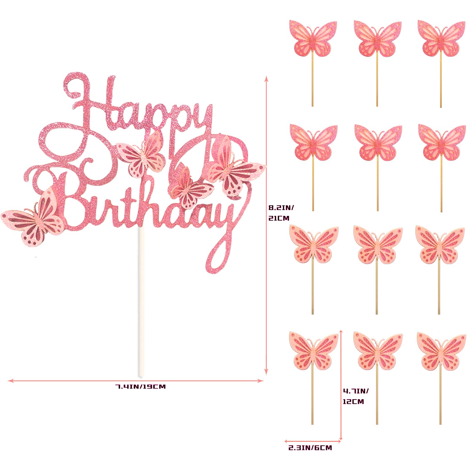 MILIYUKI 13-Pieces 3D Butterfly Cupcake Topper for Girls Women's Happy Birthday Cake Decorations Party Decorations(Pink)