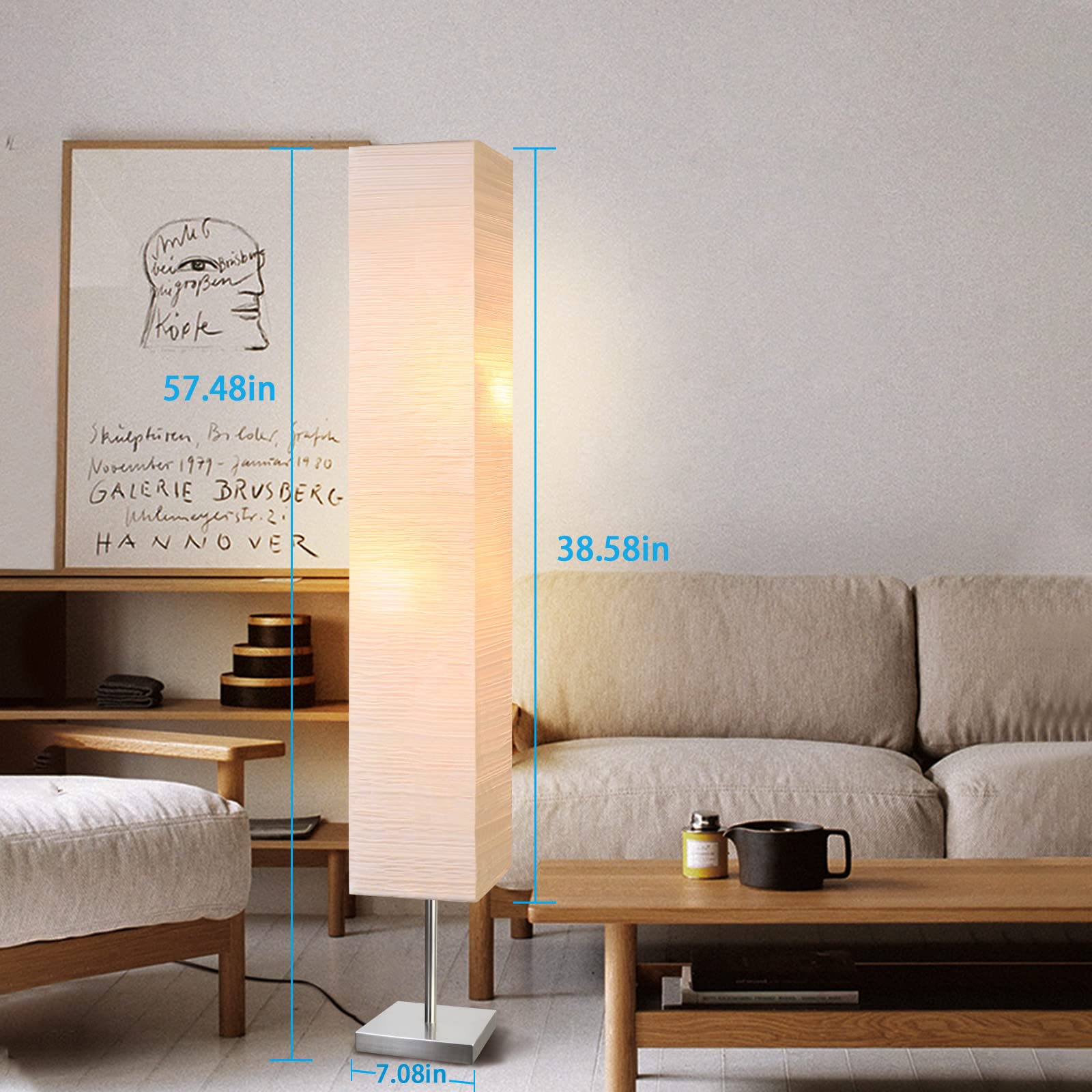 Modern Floor Lamp, Dimmable 3 Levels Brightness Paper Tall Lamp Standing Lamps with Lampshade, 55'' Minimalist Floor Lamps for Office, Kids Room, Reading, Home Decor (Off White)