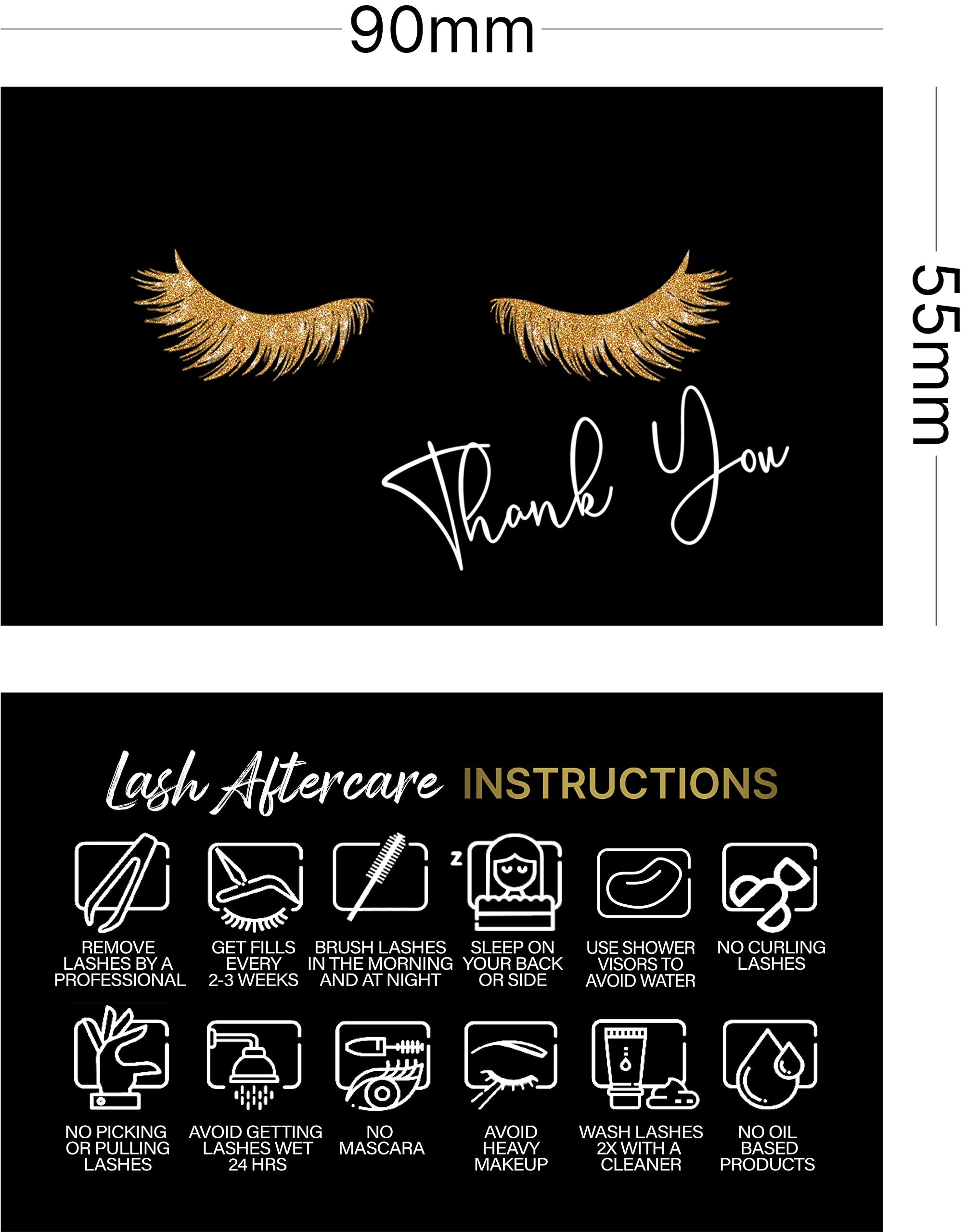 100 Pack English Lash Extension Aftercare Cards With Thank You Note, Size 3.5”x2” inches, fake eyelashes care cards with complete instructions, Black