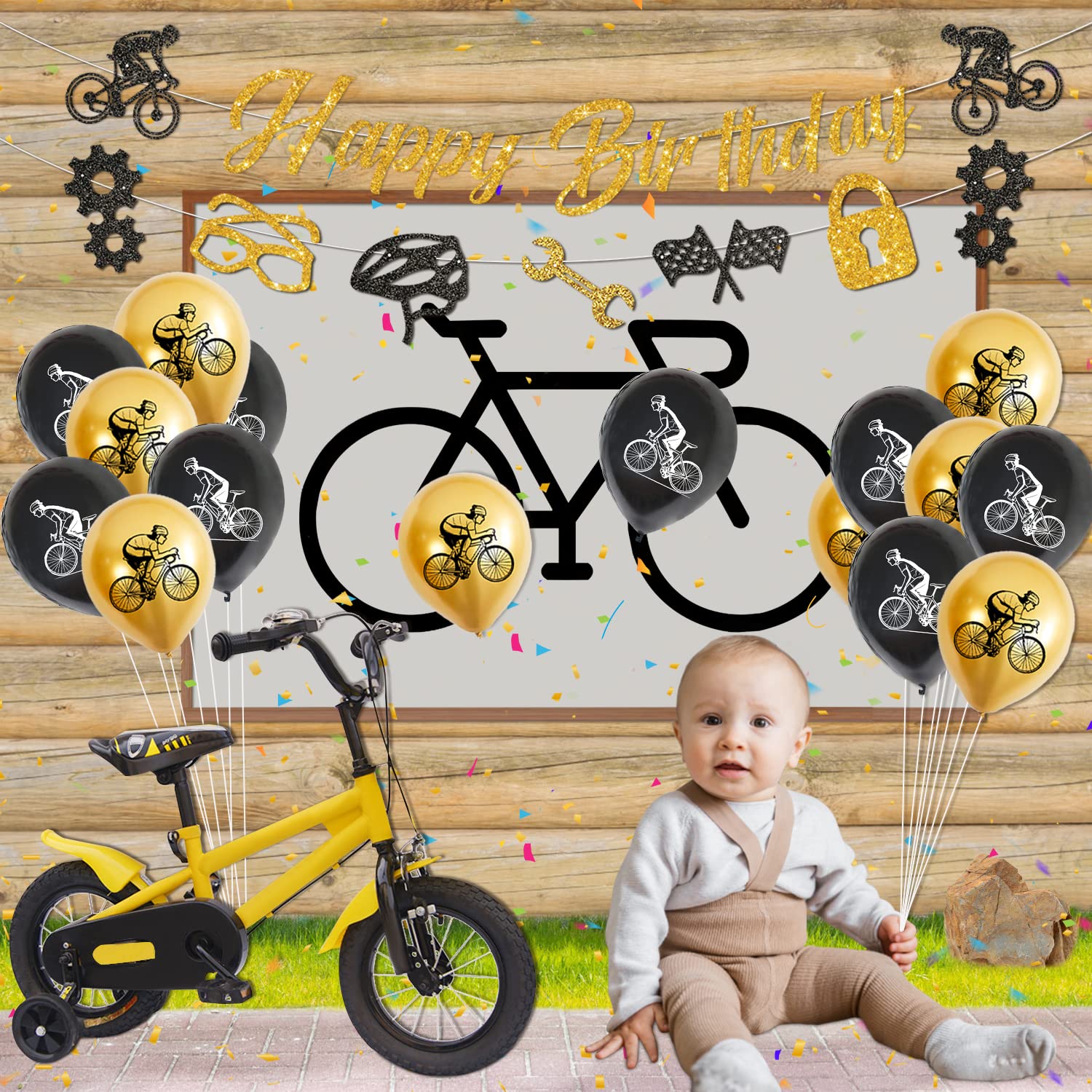 Bike Birthday Party Decorations, Including Banner, Cake Toppers, Balloons, Hanging Signs Bicycle Sports Theme Birthday Party Supplies for Kids and Bicycle Fans (B)