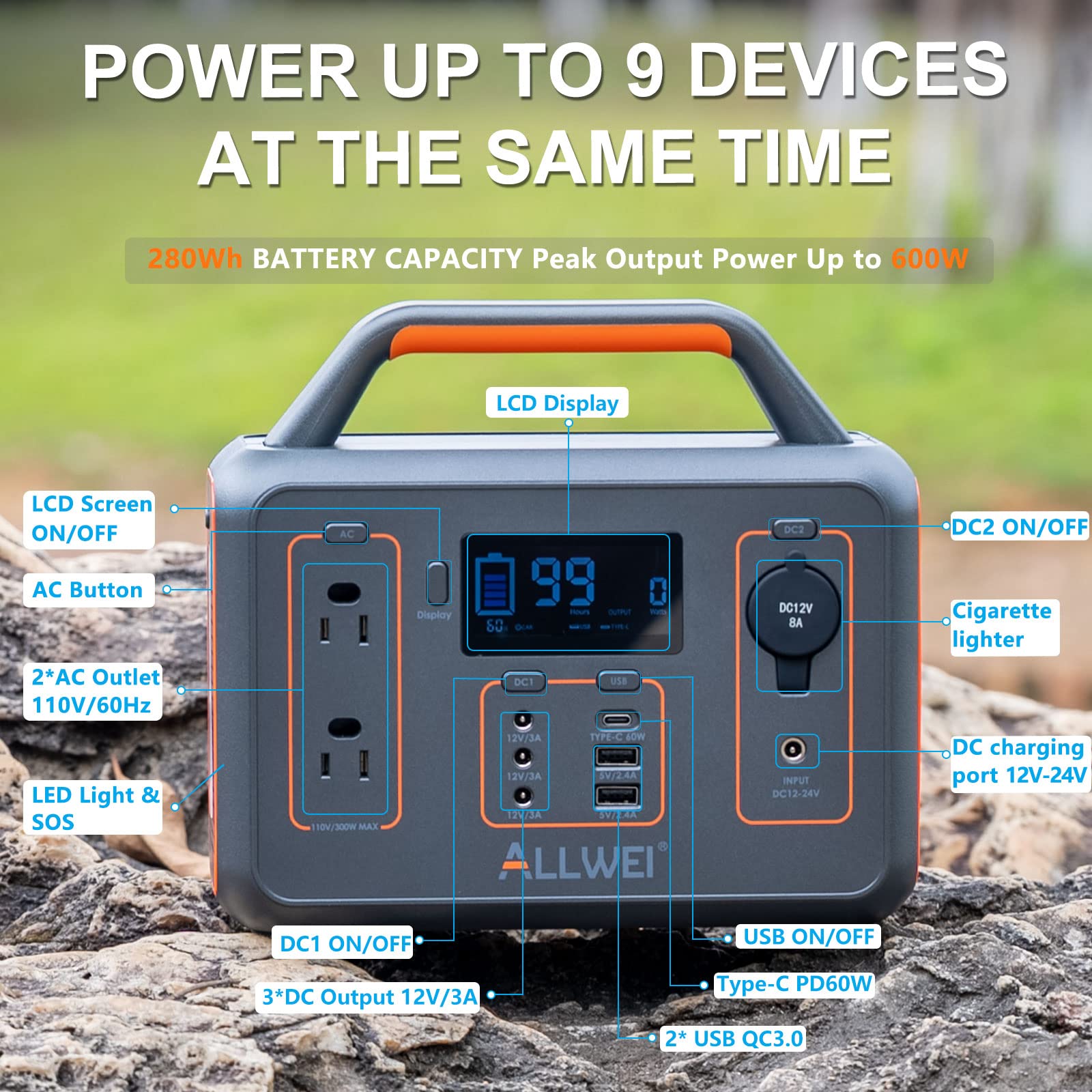 ALLWEI Portable Power Station 300W, 280Wh Solar Generator, USB-C PD60W, 110V Pure Sine Wave AC Outlet, 78000mAh Backup Lithium Battery LED Light for Outdoor Camping Emergency Home Backup(Renewed)