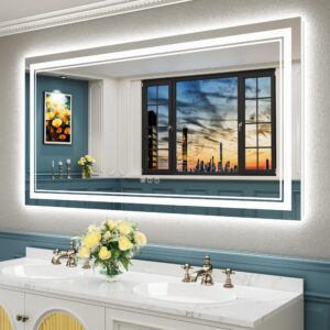 awandee 55x30 led bathroom mirror with lights, backlit + front lit, anti-fog lighted vanity mirror for bathroom wall, dimmable led vanity mirror with 3 colors, memory, waterproof, horizontal/vertical