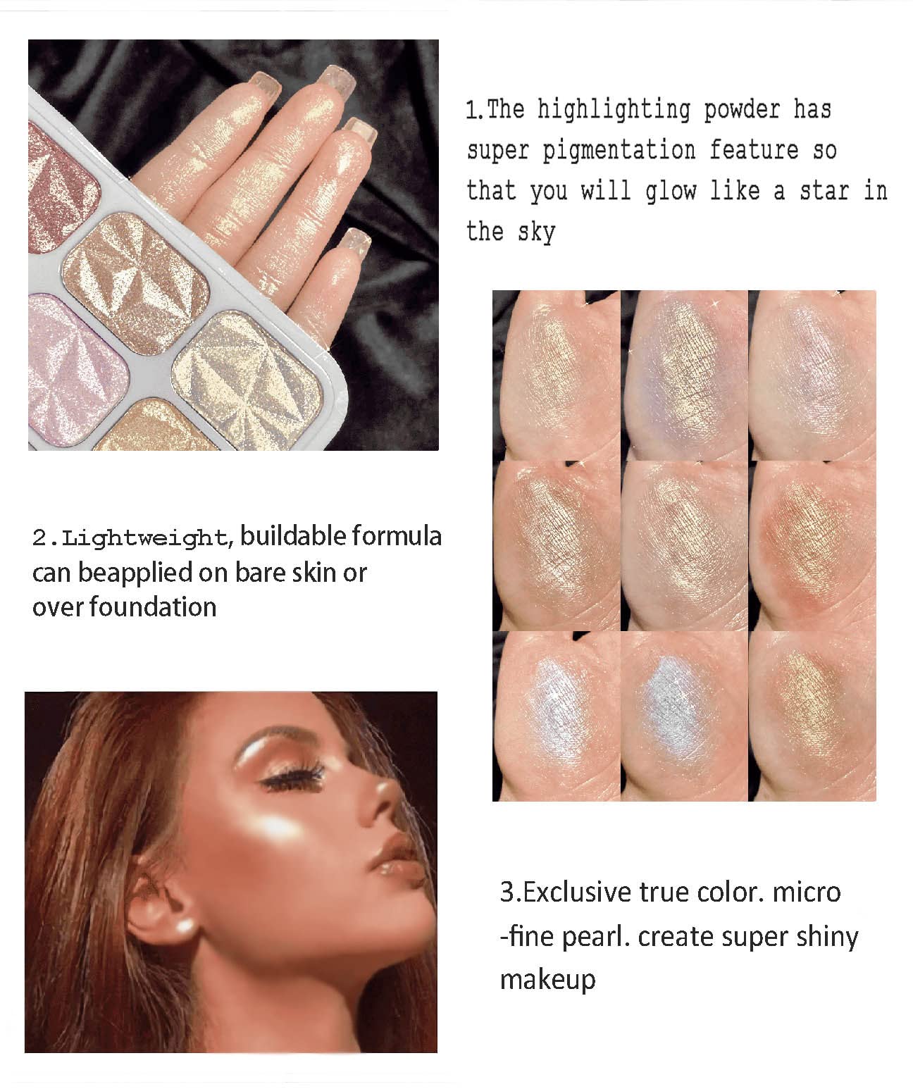 SUMEITANG 8 Colors Face Highlighter Makeup Palette，Shimmer Glitter Multichrome Highlight Powder，All Sparkling Shades Can Be layered or Worn Individually to Enhance and Brighten Your Face Features