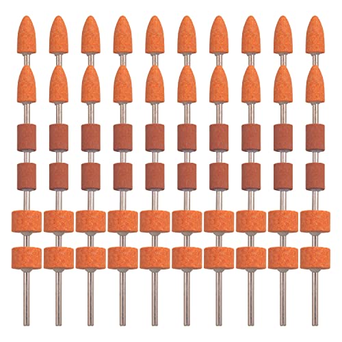 SHITIME 60 Pack Grinding Stone Set 1/8" Shank, Sanding Drill Bit for Rotary Tool Flap Wheel for Grinding, Polishing, Deburring Ferrous Metal, 2 Shaped and 3 Sizes(Orangage, Aluminum Oxide)