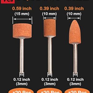 SHITIME 60 Pack Grinding Stone Set 1/8" Shank, Sanding Drill Bit for Rotary Tool Flap Wheel for Grinding, Polishing, Deburring Ferrous Metal, 2 Shaped and 3 Sizes(Orangage, Aluminum Oxide)