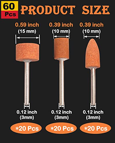 SHITIME 60 Pack Grinding Stone Set 1/8" Shank, Sanding Drill Bit for Rotary Tool Flap Wheel for Grinding, Polishing, Deburring Ferrous Metal, 2 Shaped and 3 Sizes(Orangage, Aluminum Oxide)