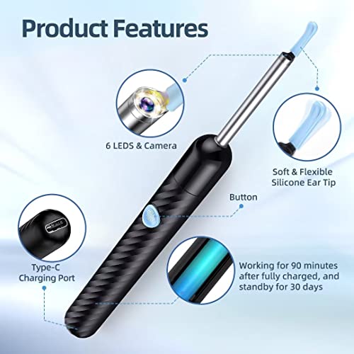 Ear Wax Removal, Ear Cleaner with Camera with 1080P, Otoscope with Light, Ear Wax Removal Kit with 6 Ear Pick, Ear Camera for iPhone, iPad, Android Phones