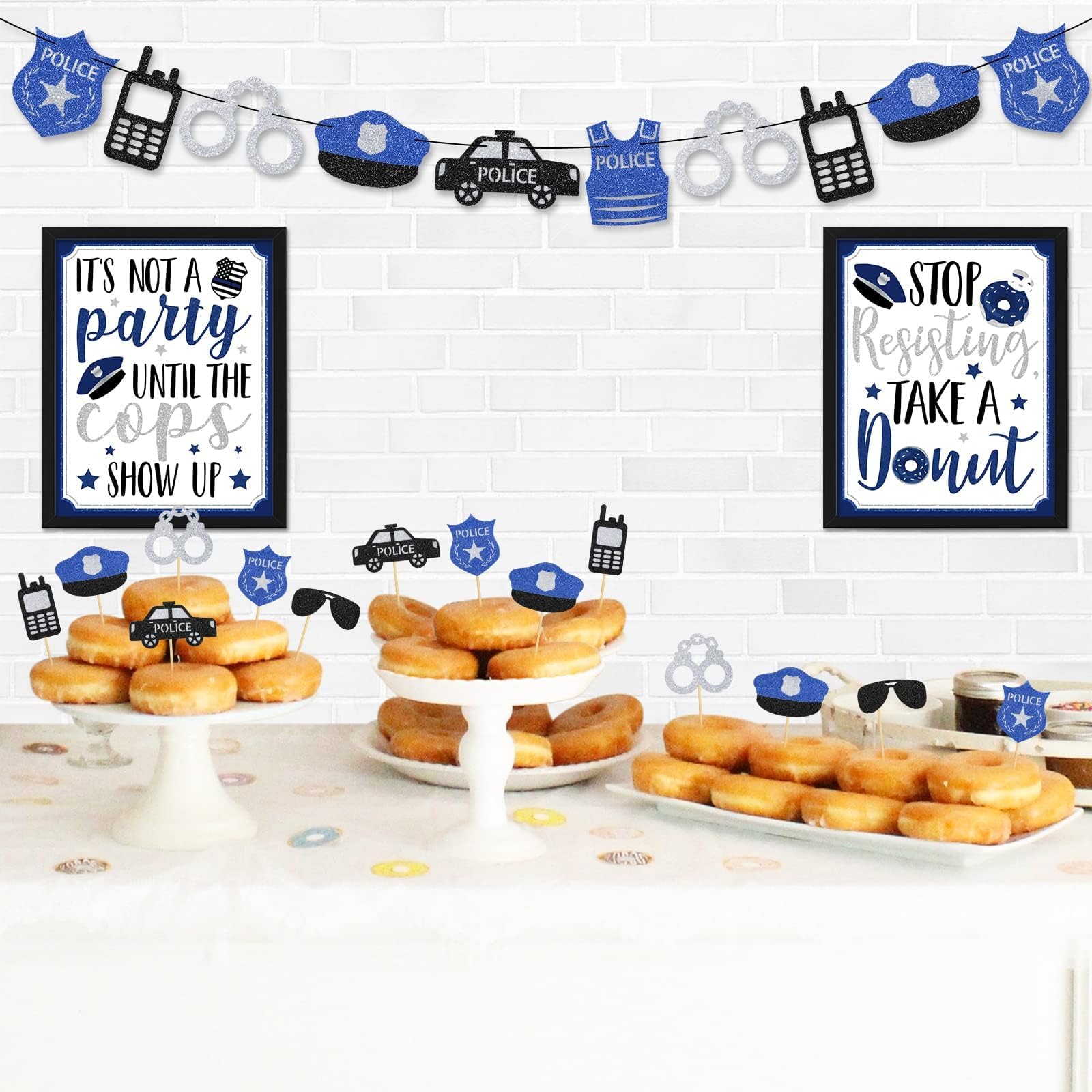 Levfla Officer Donut Bar Decoration Kit Police Banner Party Until The Cops Shown Up Table Sign Doughnut Dessert Food Topper for Graduation Birthday Retirement Anniversary Party Favor Ideas Supplies