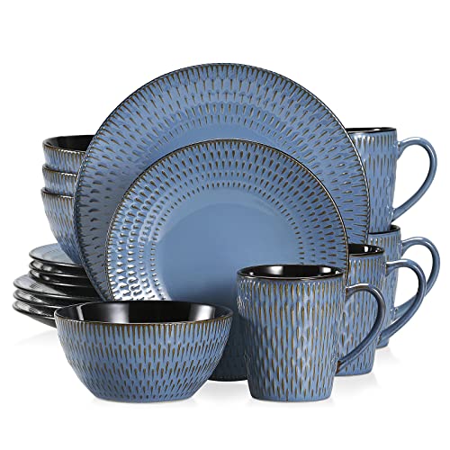 vancasso PLUVO Embossed Dinner Set, Stoneware Vintage Look Blue Dinnerware Tableware, 16 Pieces Dinner Service Set for 4, Include Dinner Plate, Dessert Plate, Cereal Bowl and Mug