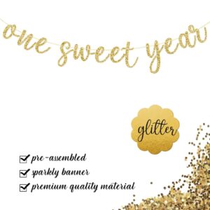 One Sweet Year Banner, First Birthday Anniversary Party Decorations Supplies for Boys Girls, Sweet One Bunting Sign, 1st Bday Baby Shower Hanging Ornament, Pre-Strung, Photo Props, Gold Glitter