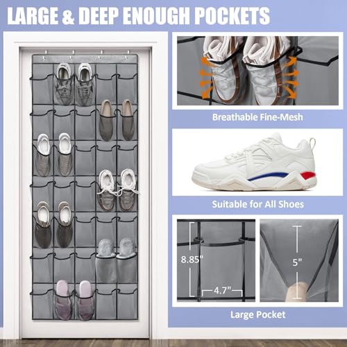 Over the Door Shoe Organizers 35 Mesh Pockets Hanging Shoe Organizer Shoe Rack for Closet Entryway Bedroom Bathroom Pantry Shoe Holder for Men Sneakers, Women High Heeled Shoes, flip flops Gray