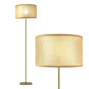 brightech zion elegant floor lamp – modern woven wicker shade matches boho, and mid-century décor – free standing led light for living rooms and bedrooms – tall lamp gets compliments - brass