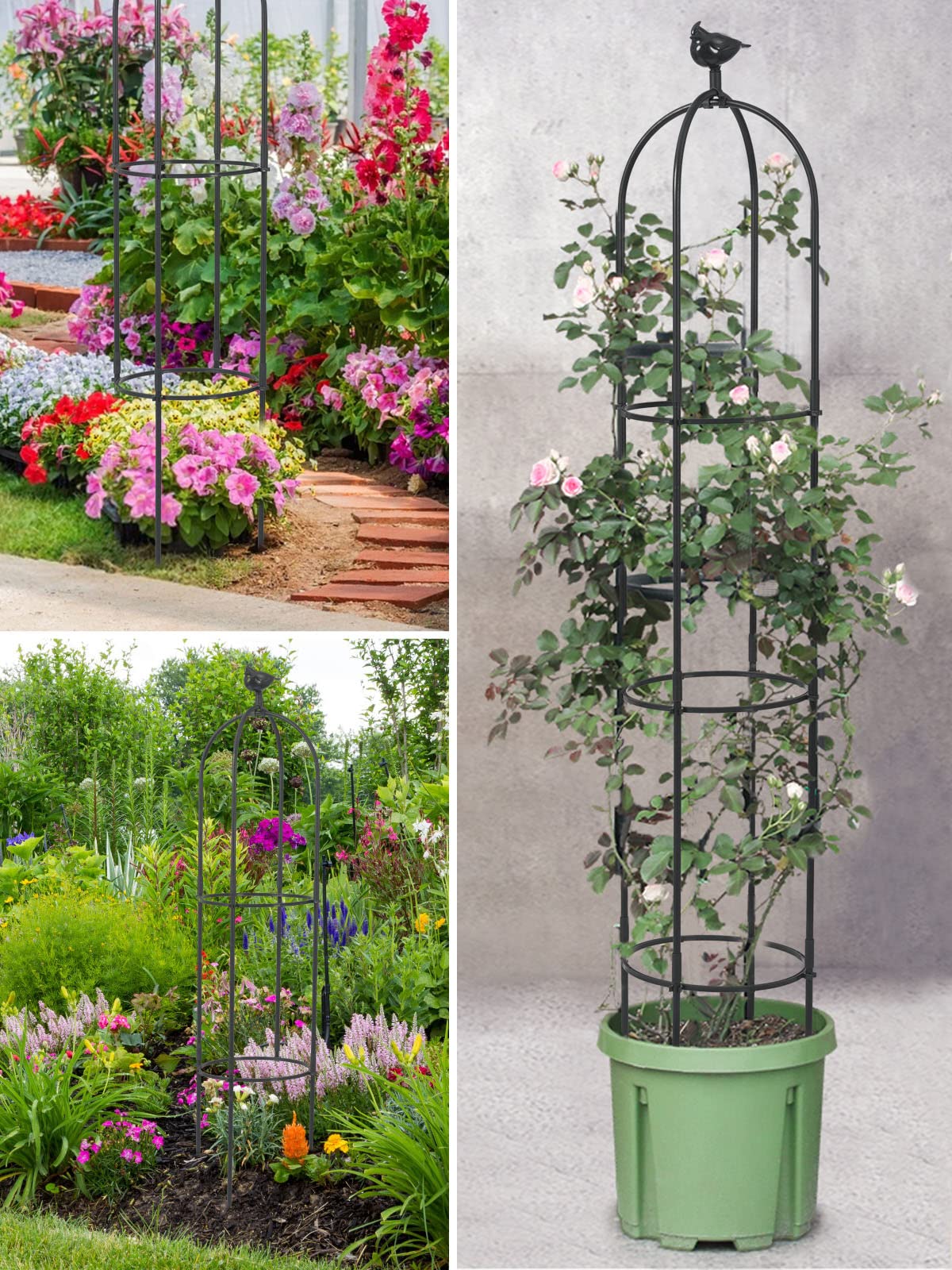 6 Feet Tall Garden Trellis for Climbing Plants Kalolary Garden Tower Obelisk Trellises Rustproof Metal Potted Plant Climbing Support for Indoor Outdoor Flowers Vegetable Fruits Vines Support (Black)