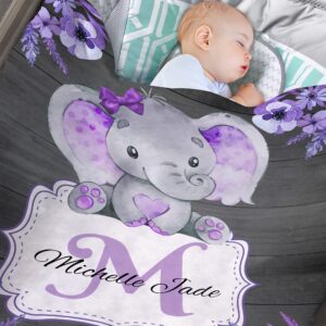 custom baby blanket with name for baby boy girls，personalized purple elephant flower design soft throws blanket for kids toddler swaddling birthday gifts