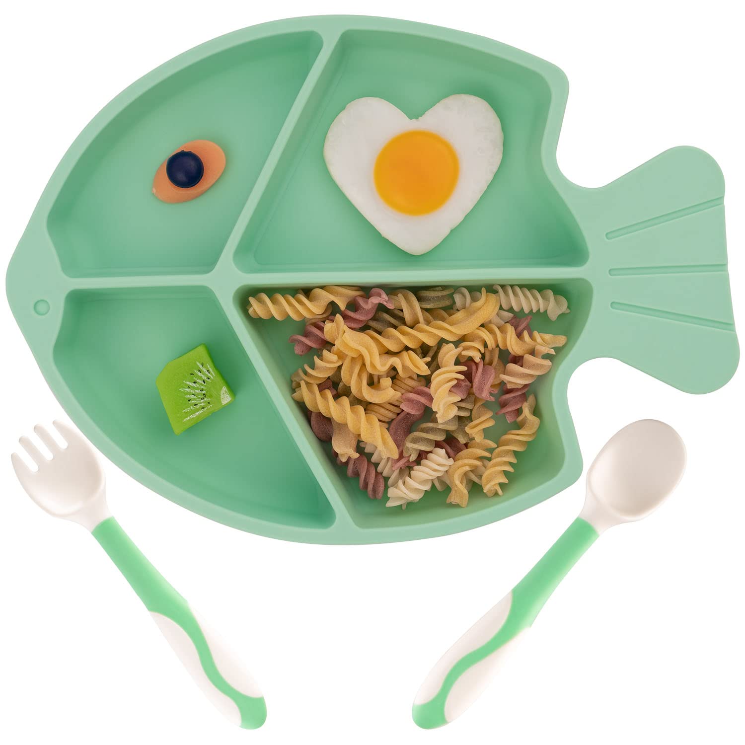 NICINGU Baby Feeding Dish Sets with Spoon and Forks,NICINGU 3 Pcs/Sets Divided Silicone Suction Plates Utensils for Toddler Kids BPA Free Microwave Dishwasher Safe-Plate Green Fish Sets…