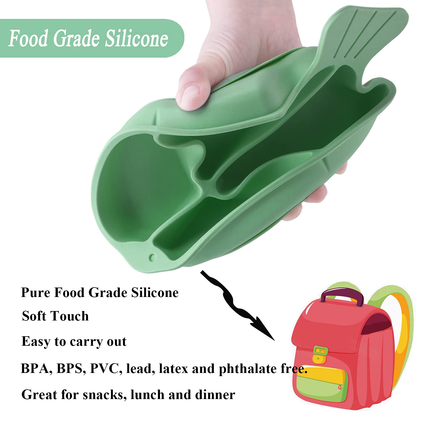 NICINGU Baby Feeding Dish Sets with Spoon and Forks,NICINGU 3 Pcs/Sets Divided Silicone Suction Plates Utensils for Toddler Kids BPA Free Microwave Dishwasher Safe-Plate Green Fish Sets…