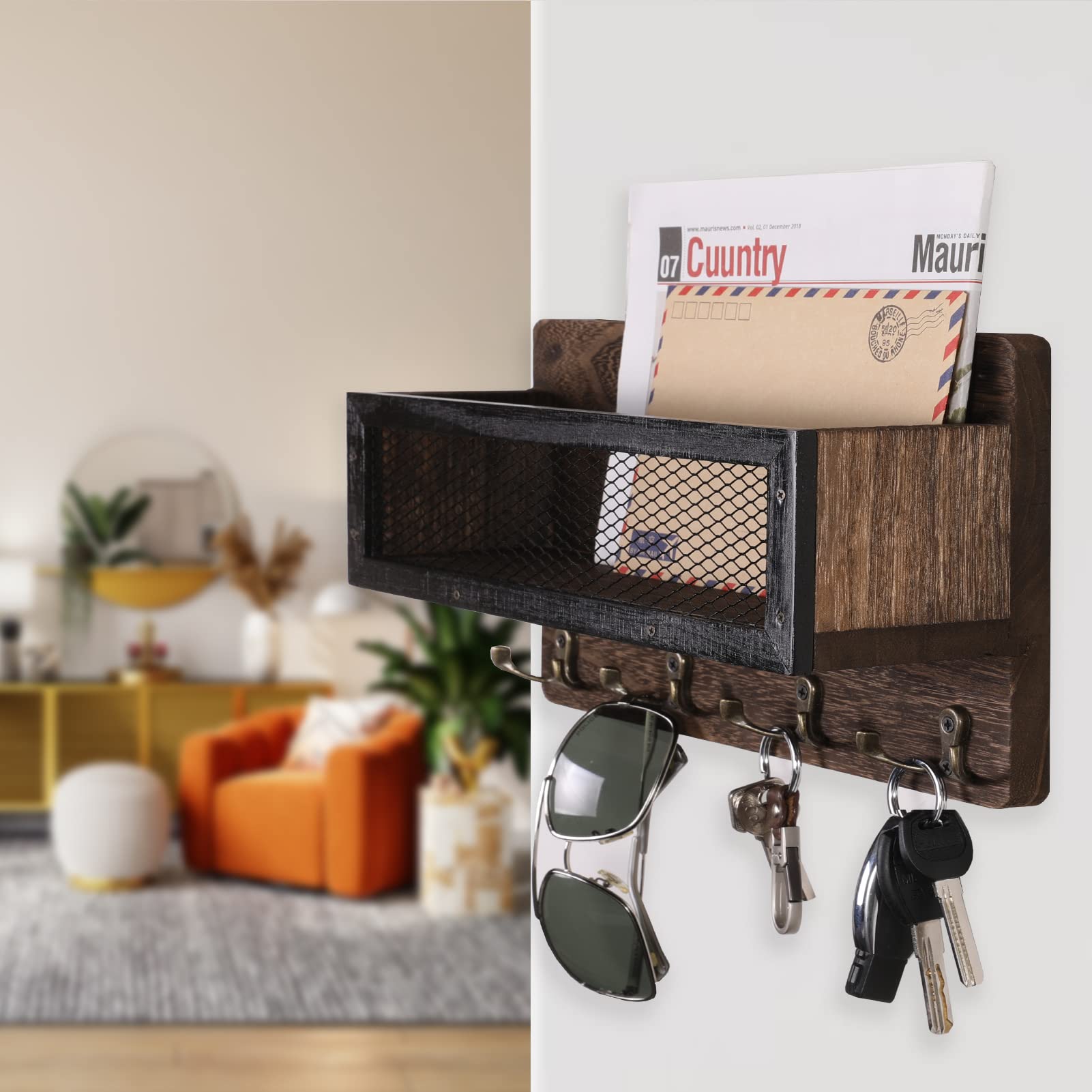 ADIIL Mail and Key Holder for Wall Decorative, Wooden Wall Key Rack Organizer with 4 Double Key Hooks, Wall Mount Key Hanger for Wall with Shelf, Rustic Home Decor for Entryway Hallway, Brown