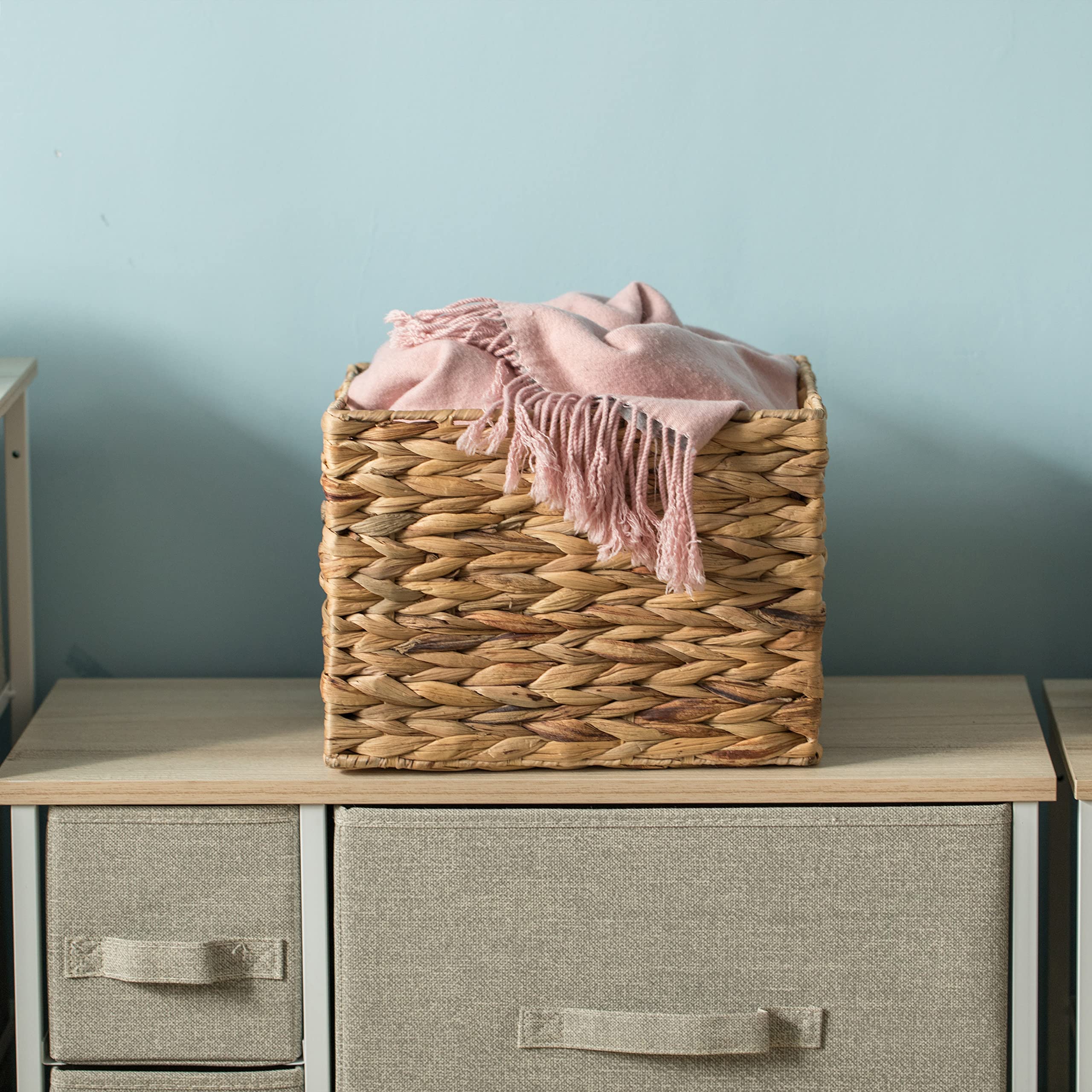 Natural Decorative Woven Water Hyacinth Storage Basket for The Playroom, Bedroom, and Living Room