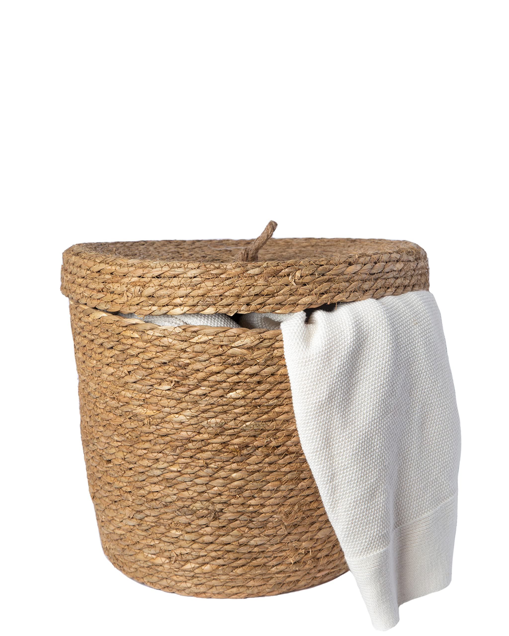 Handcrafted Seagrass basket with lid. Decorative Baskets for storage. Natural rope basket with lid. Woven Seagrass baskets for blankets. Round decorative basket. (Medium)