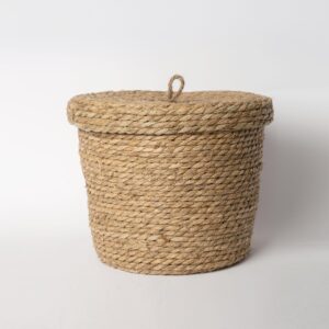 Handcrafted Seagrass basket with lid. Decorative Baskets for storage. Natural rope basket with lid. Woven Seagrass baskets for blankets. Round decorative basket. (Medium)