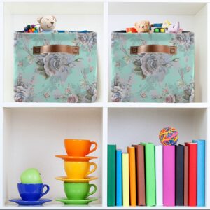 Floral Flower Rose Pattern Storage Bin Canvas Toys Storage Basket Bin Large Storage Cube Box Collapsible with Handles for Home Office Bedroom Closet Shelves,2 pcs