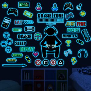 gamer wall decals stickers glow in the dark wall decals game wall stickers gaming controller wall decals game room decor video game decal for boys kids girls bedoom playroom wall decor… (sky blue)