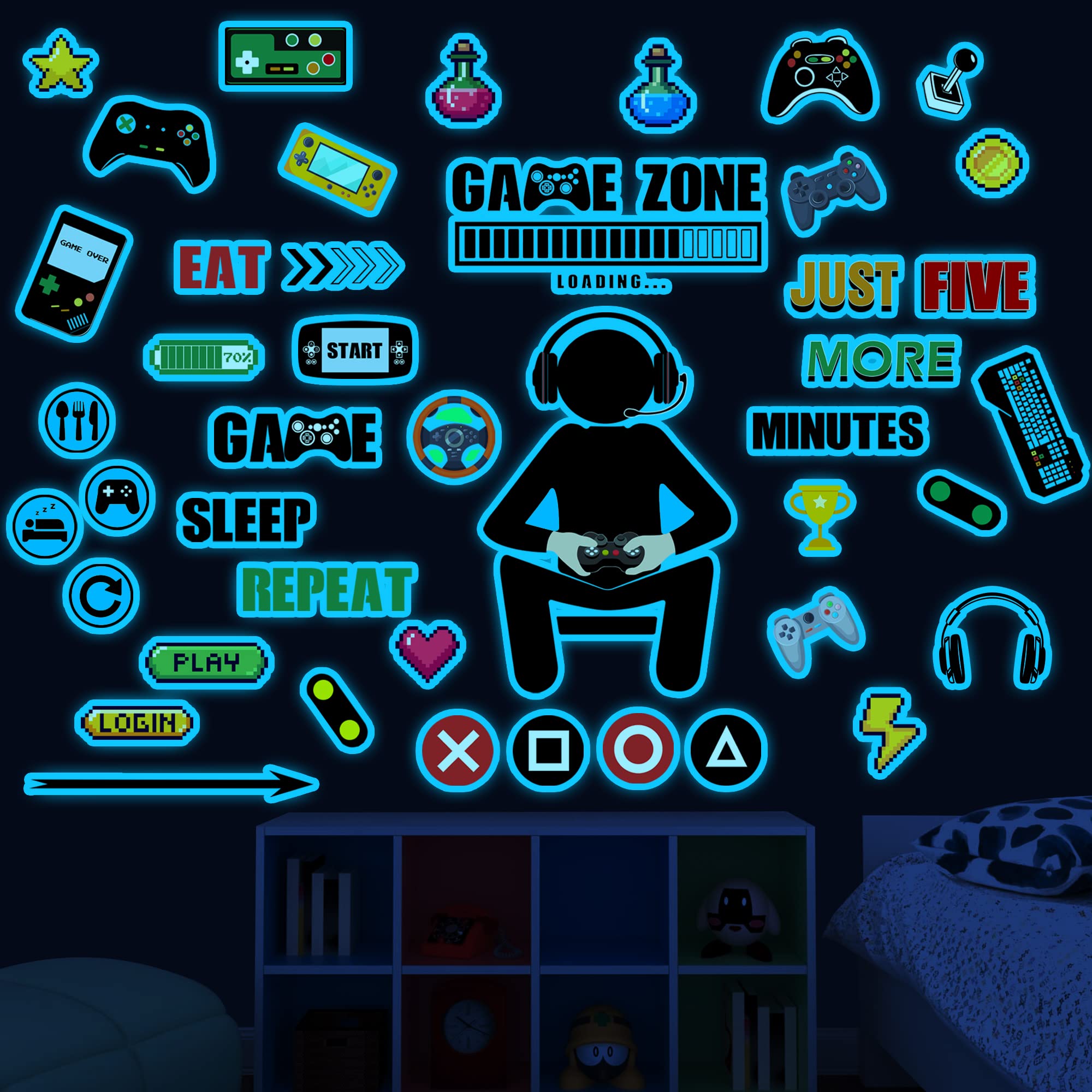 Gamer Wall Decals Stickers Glow in The Dark Wall Decals Game Wall Stickers Gaming Controller Wall Decals Game Room Decor Video Game Decal for Boys Kids Girls Bedoom Playroom Wall Decor… (Sky Blue)