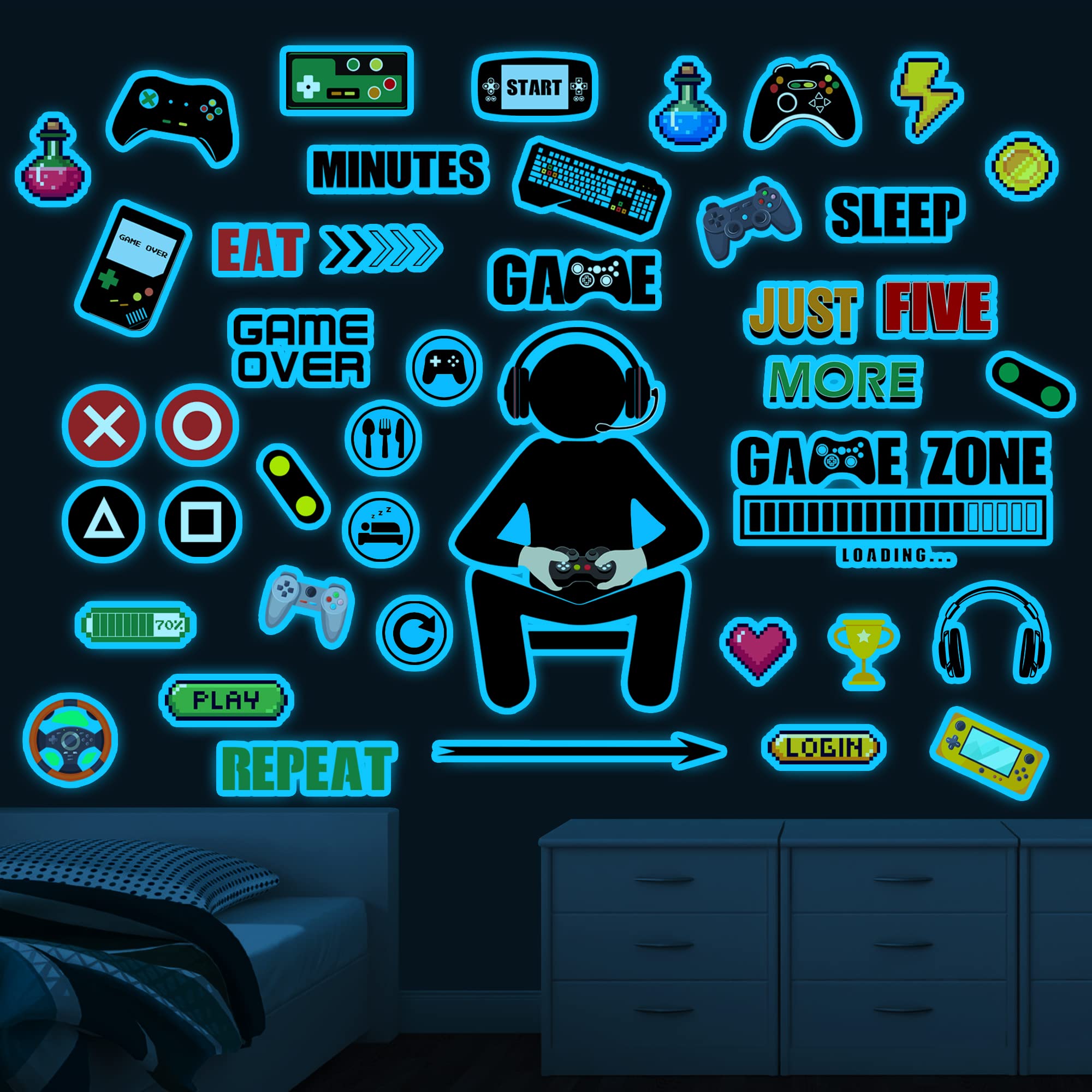 Gamer Wall Decals Stickers Glow in The Dark Wall Decals Game Wall Stickers Gaming Controller Wall Decals Game Room Decor Video Game Decal for Boys Kids Girls Bedoom Playroom Wall Decor… (Sky Blue)