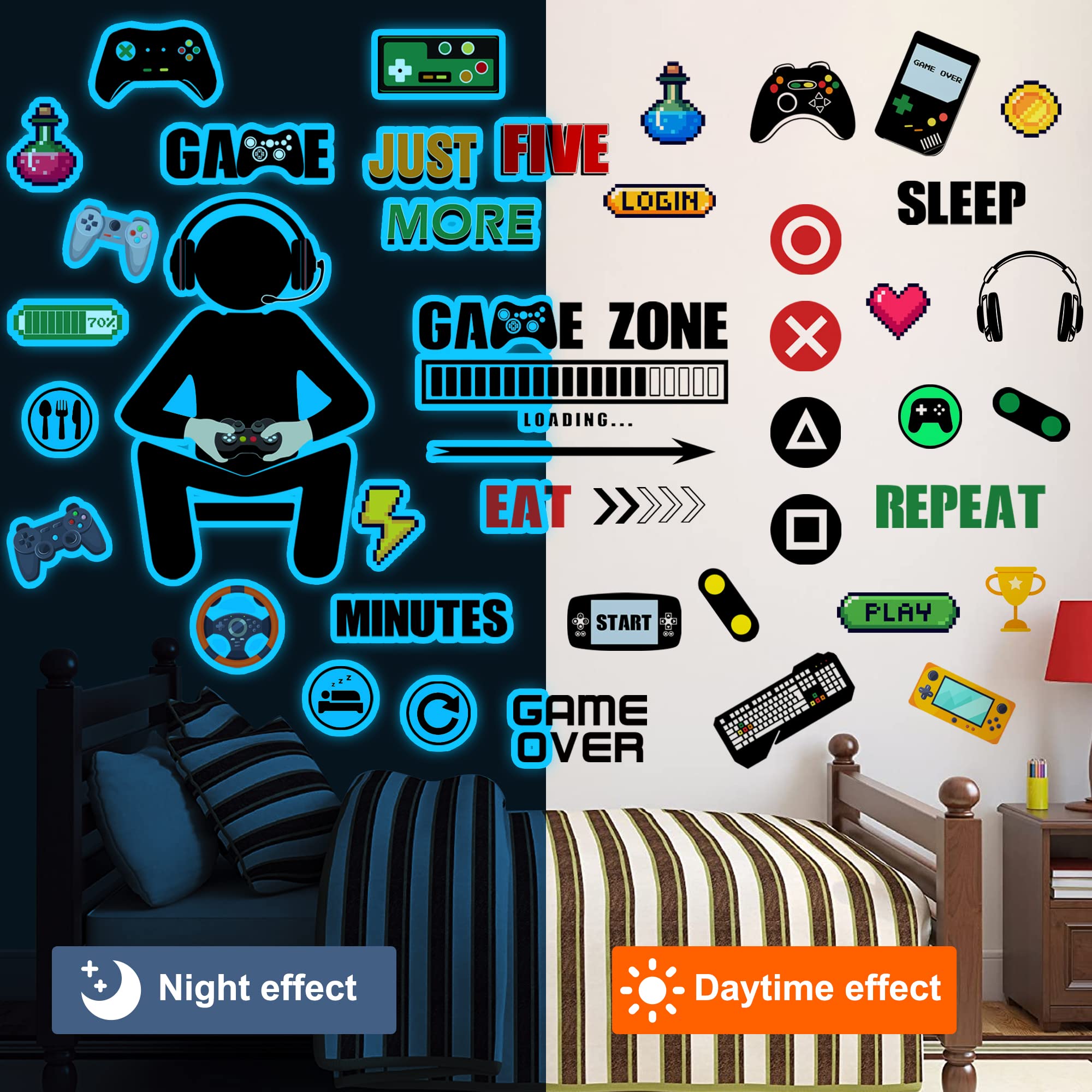 Gamer Wall Decals Stickers Glow in The Dark Wall Decals Game Wall Stickers Gaming Controller Wall Decals Game Room Decor Video Game Decal for Boys Kids Girls Bedoom Playroom Wall Decor… (Sky Blue)