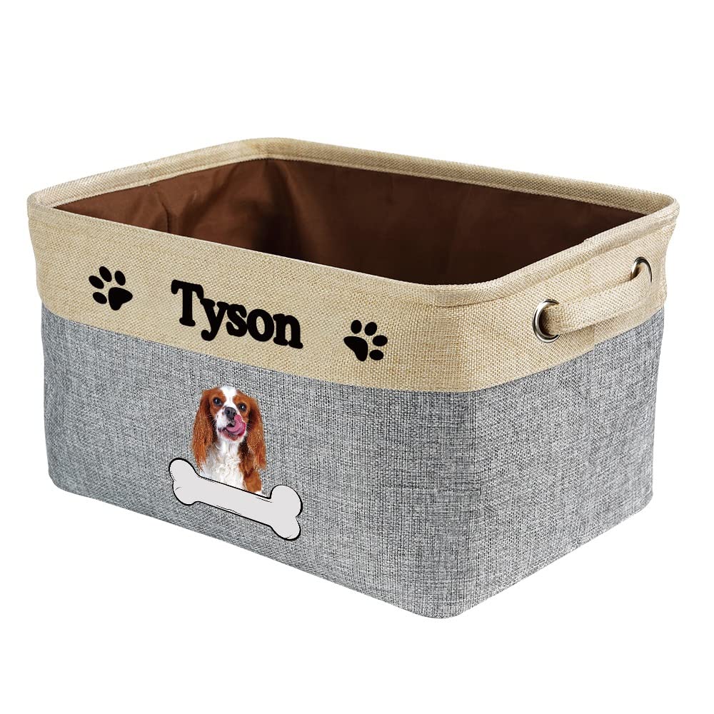 MALIHONG Personalized Dog Funny And Cute Cavalier King Charles Spanielpuppy Bone Decorative Storage Basket Fabric Toy Box with 2 Handles for Organizing Closet Garage Clothes Blankets Grey and White