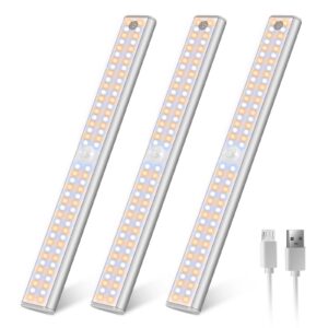 wireless under cabinet lights motion sensor light dimmable, 80 led closet light rechargeable magnetic under cabinet lighting, under counter lights for kitchen, wardrobe, 3-pack